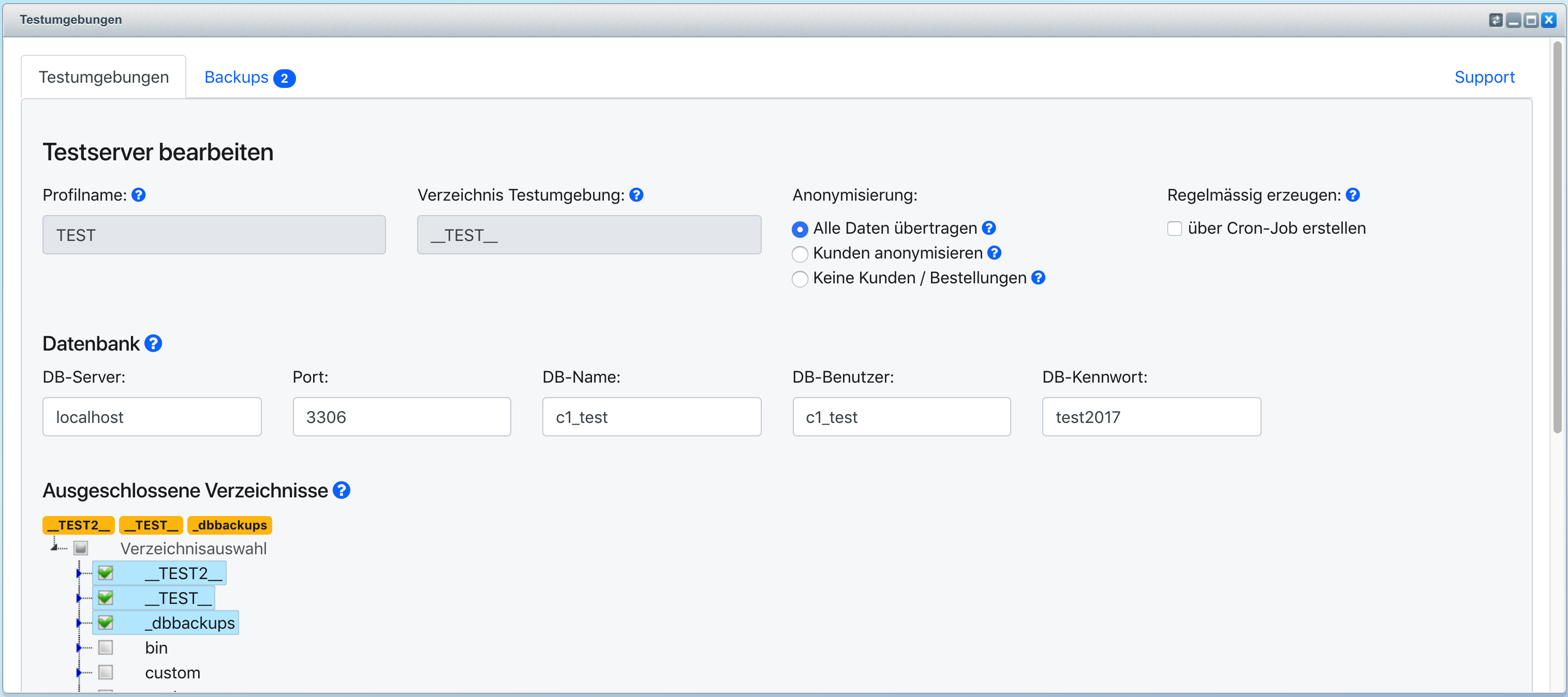 Eine neue Testumgebung richten Sie über den Button Neuen Testserver ...